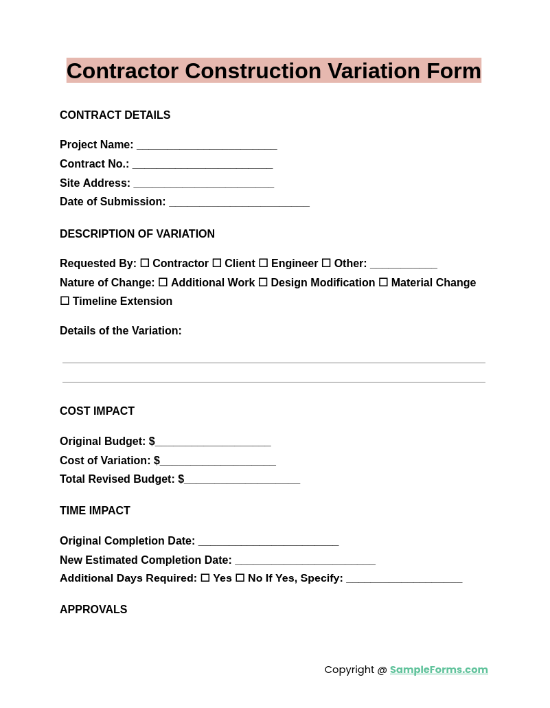 FREE 8+ Construction Variation Form Samples, PDF, MS Word, Google Docs