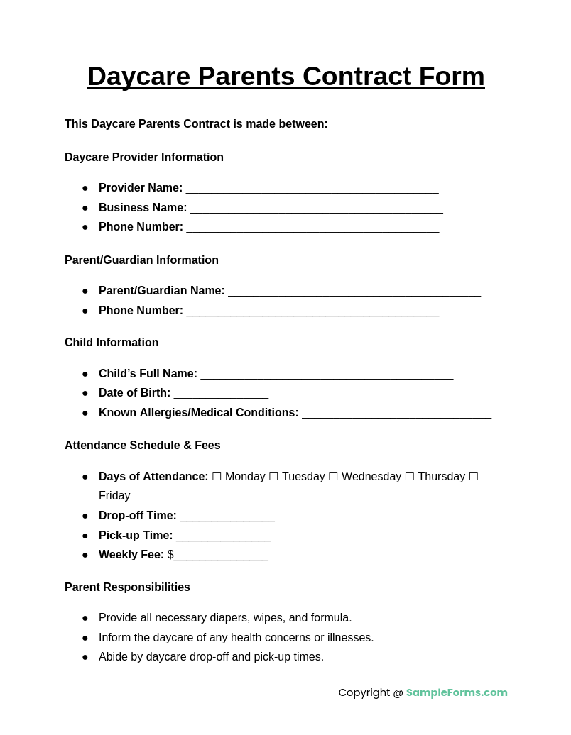 FREE 13+ Daycare Contract Form Samples, PDF, MS Word, Google Docs