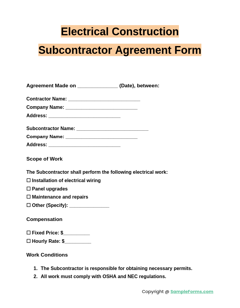 FREE 9+ Electrical Subcontractor Agreement Form Samples, PDF, MS Word ...
