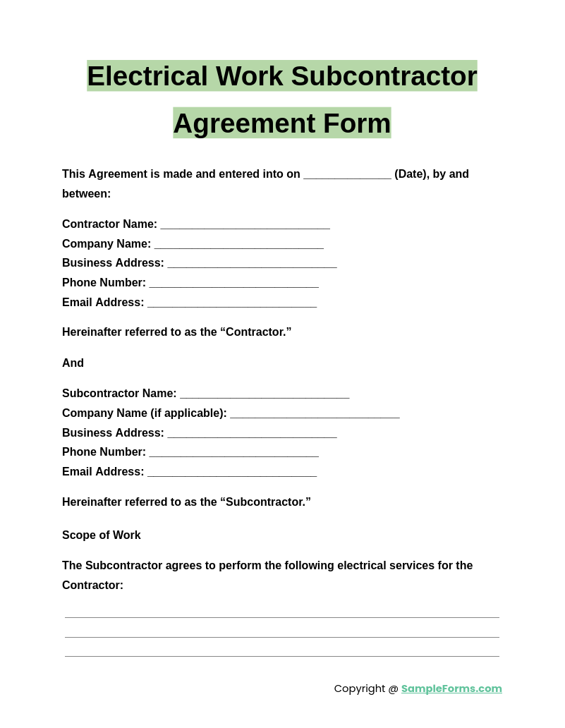 FREE 9+ Electrical Subcontractor Agreement Form Samples, PDF, MS Word ...