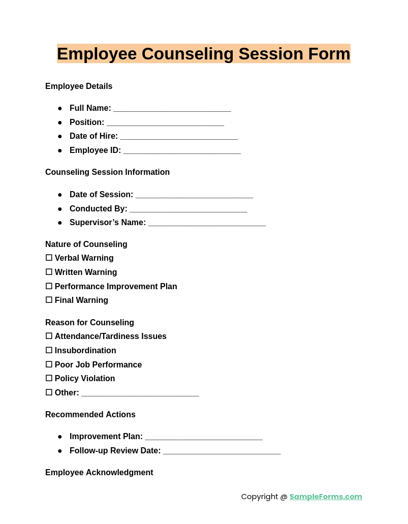 FREE 12+ Employee Counseling Form Samples, PDF, MS Word, Google Docs