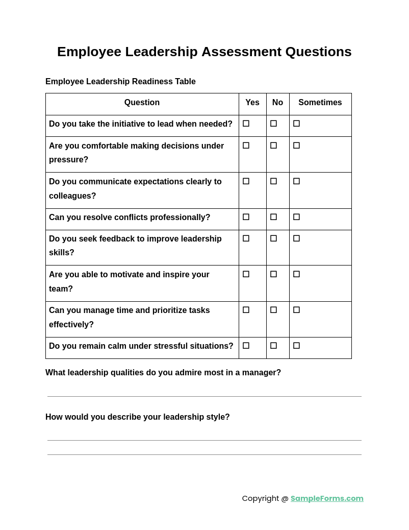 Free 10+ Leadership Assessment Questions Samples, PDF, MS Word, Google Docs