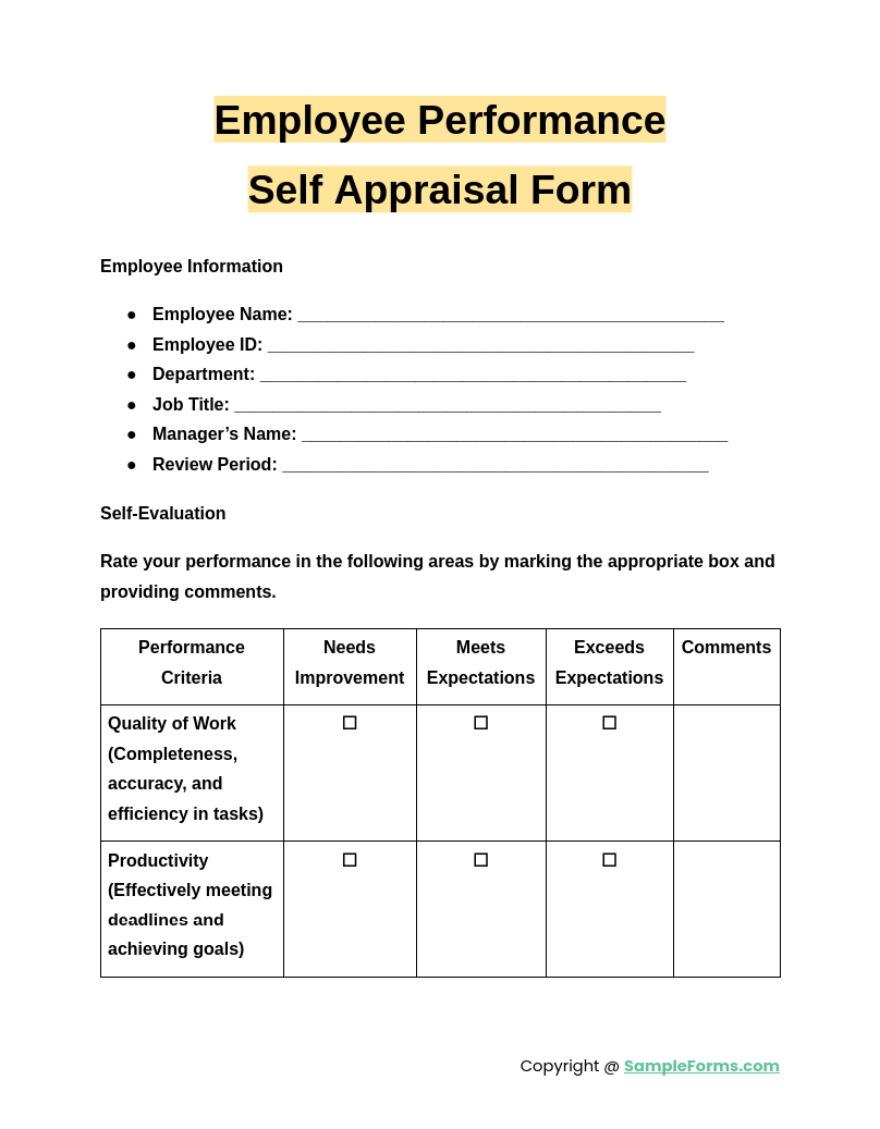 FREE 11+ Employee Performance Appraisal Form Samples, PDF, MS Word ...