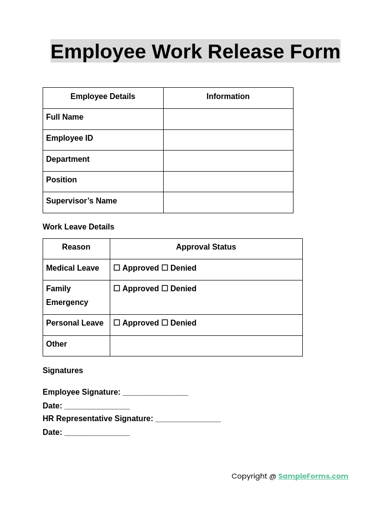 FREE 13+ Work Release Form Samples, PDF, MS Word, Google Docs