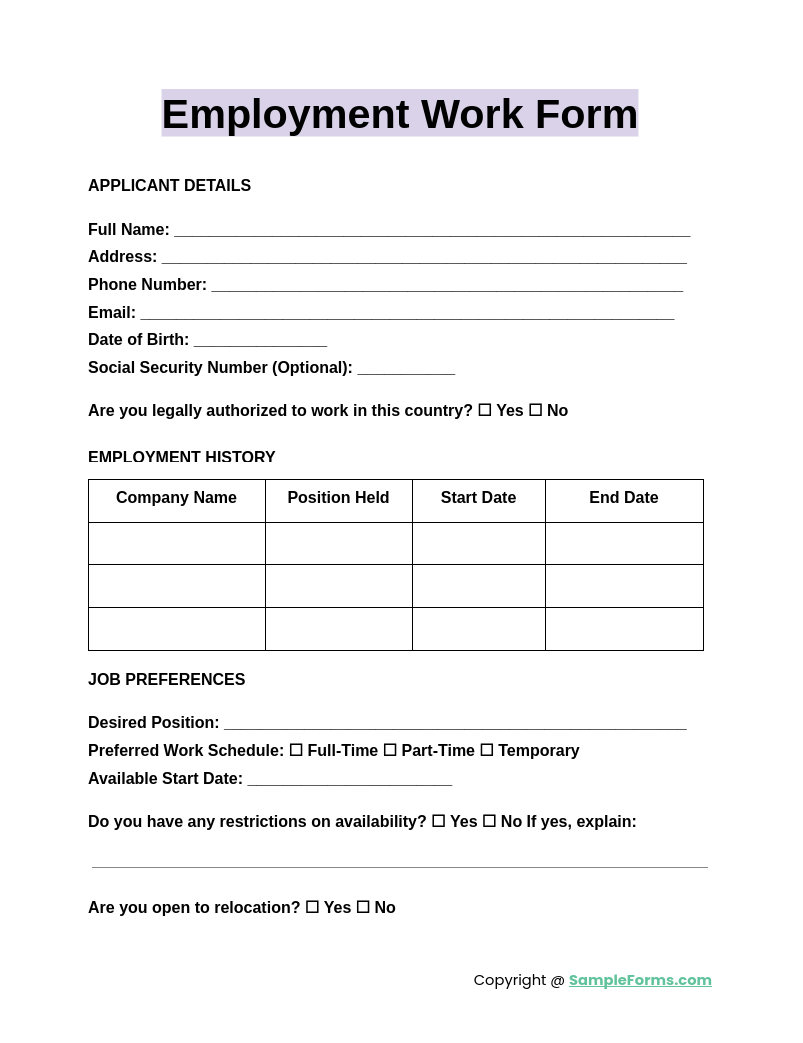 FREE 53+ Employment Form Samples, PDF, MS Word, Google Docs, Excel