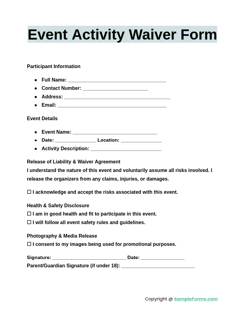 FREE 13+ Event Waiver Form Samples, PDF, MS Word, Google Docs