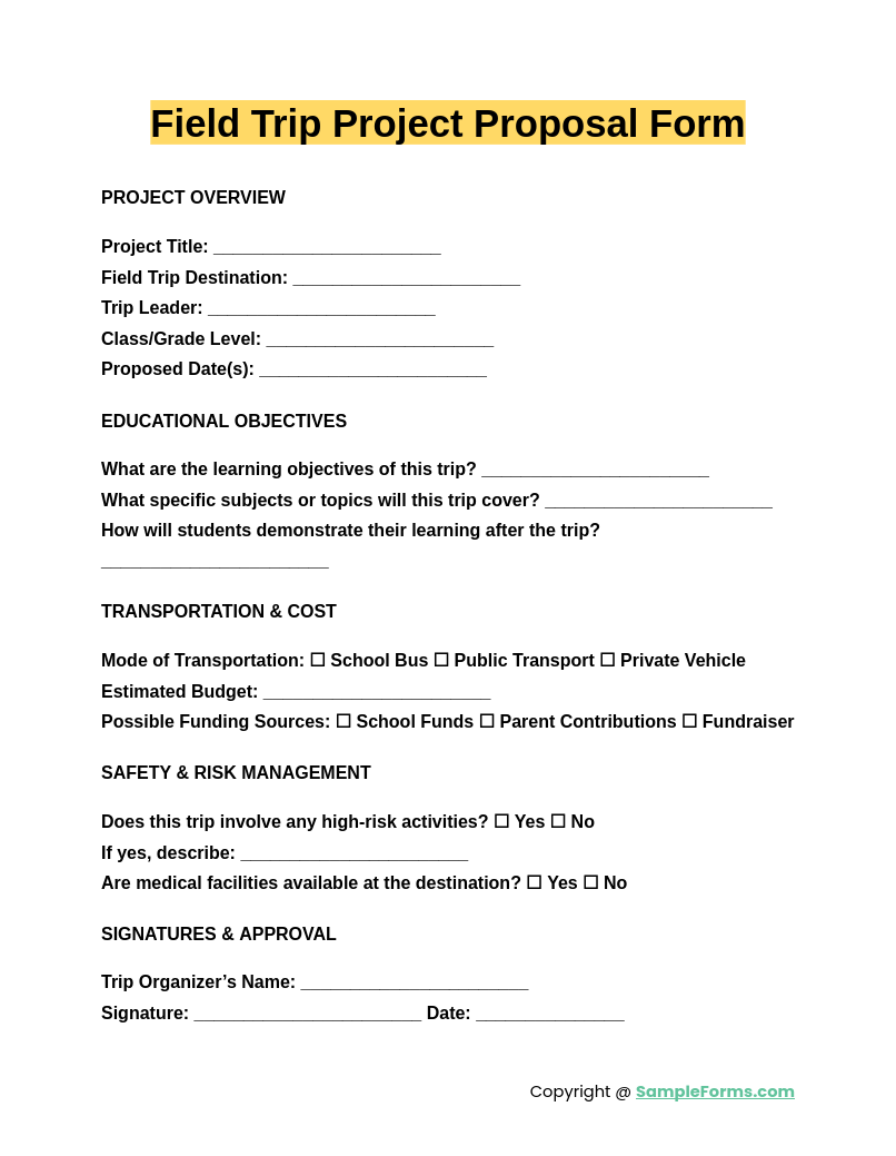 FREE 11+ Field Trip Proposal Form Samples, PDF, MS Word, Google Docs