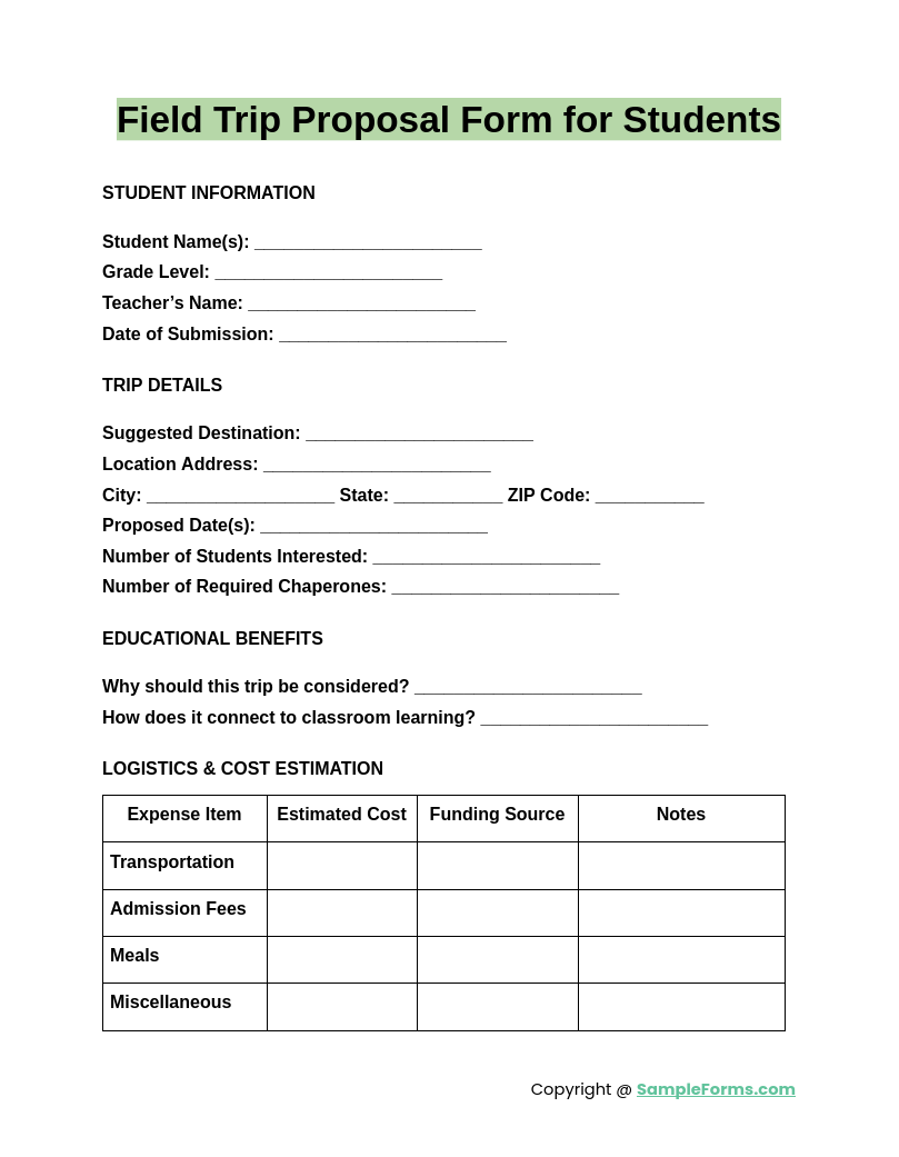 FREE 11+ Field Trip Proposal Form Samples, PDF, MS Word, Google Docs