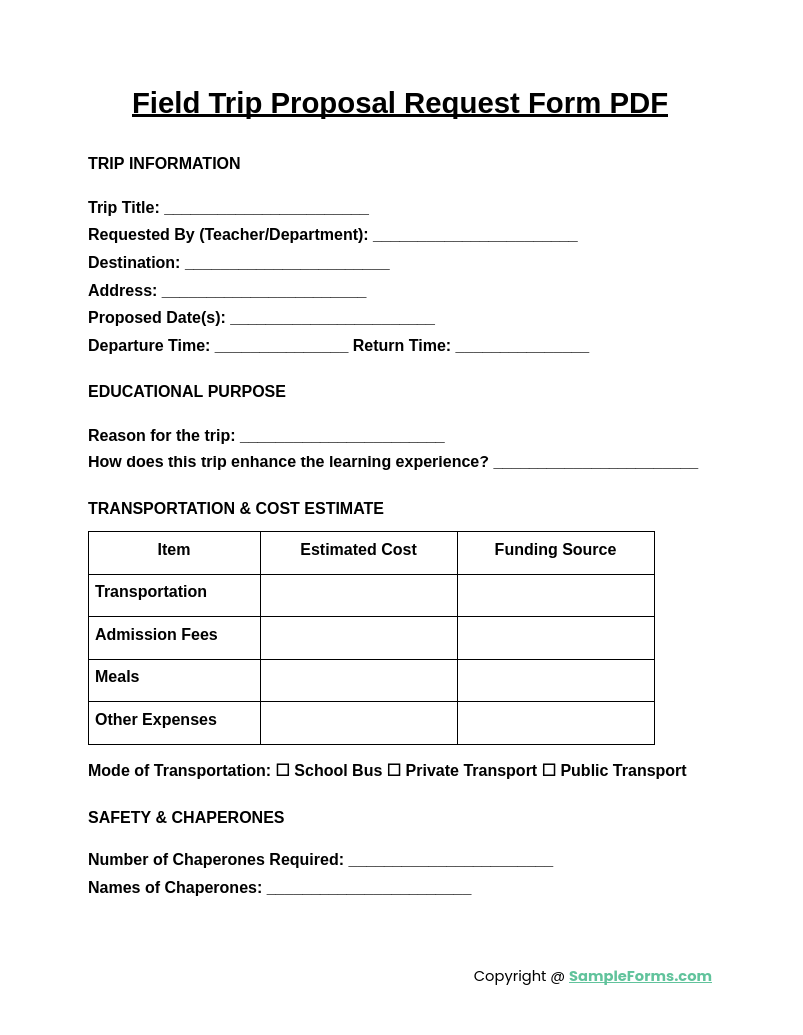 FREE 11+ Field Trip Proposal Form Samples, PDF, MS Word, Google Docs