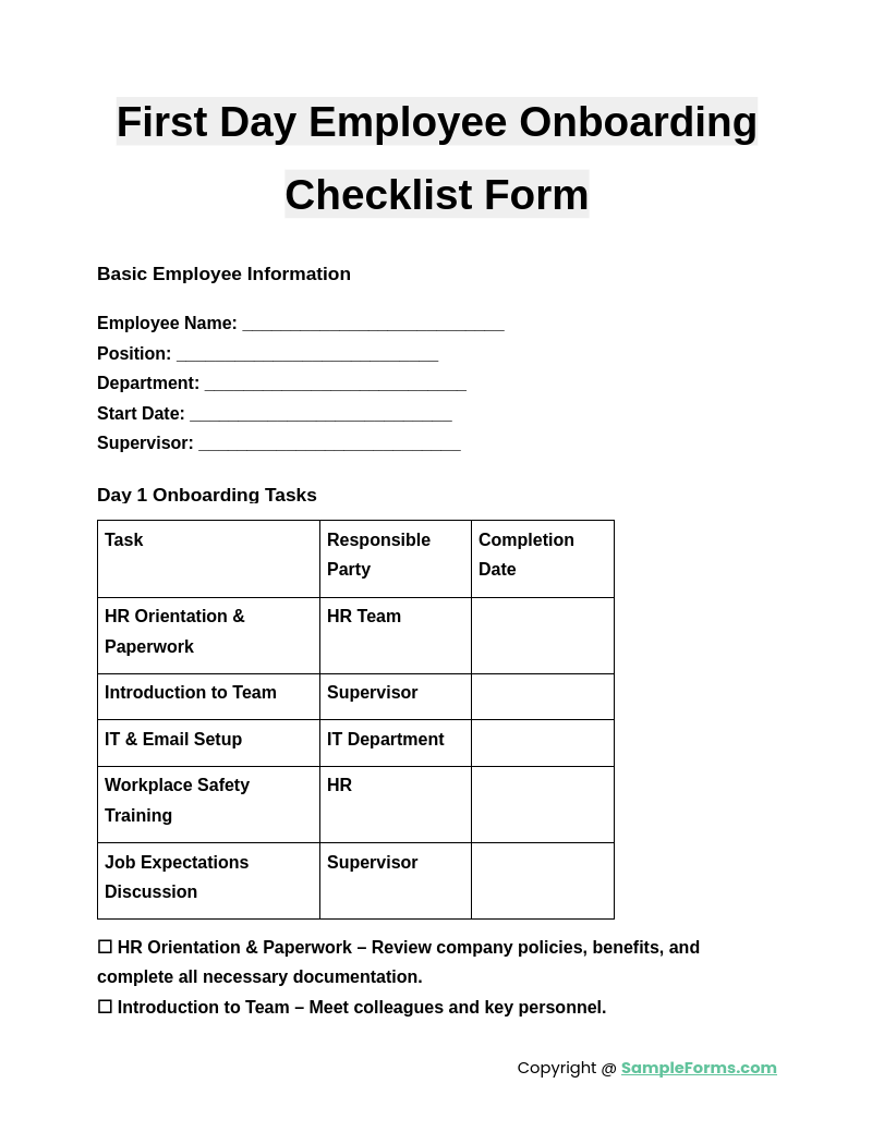 FREE 11+ Employee Onboarding Checklist Form Samples, PDF, MS Word ...