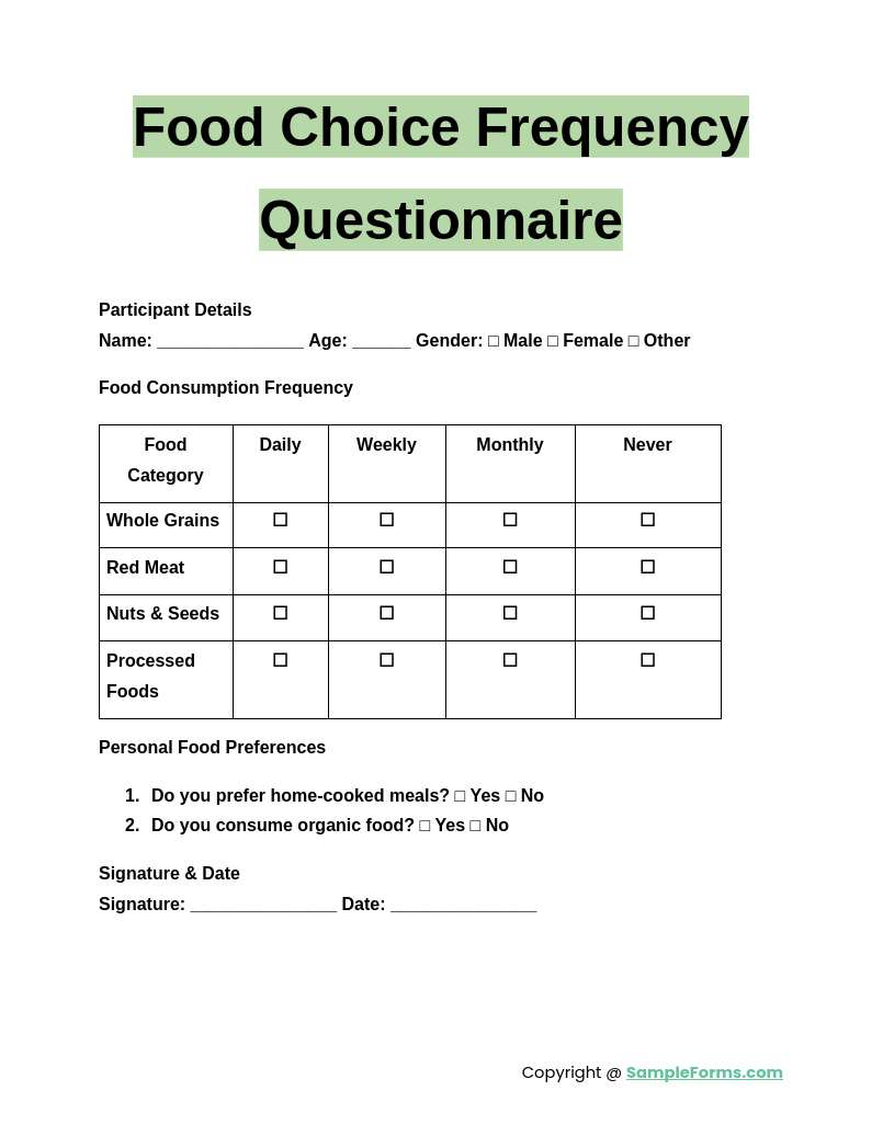 FREE 10+ Food Frequency Questionnaire Form Samples, PDF, MS Word ...