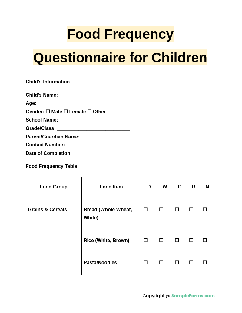 FREE 10+ Food Frequency Questionnaire Form Samples, PDF, MS Word ...