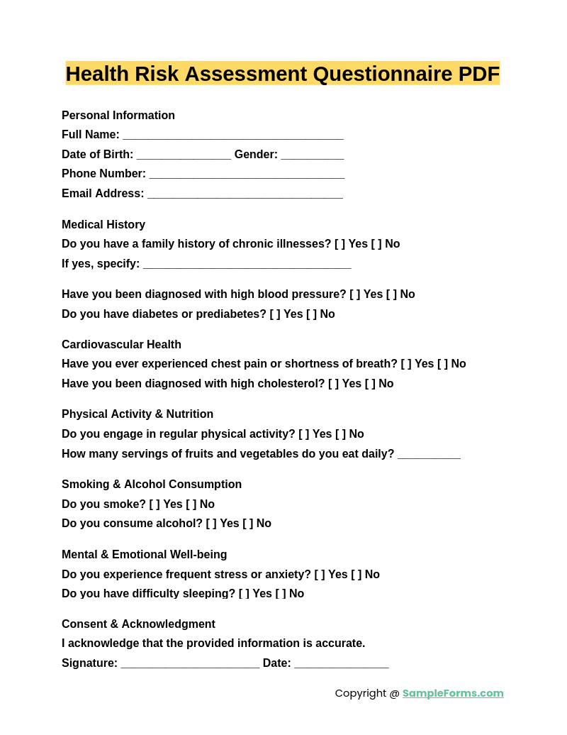 FREE 12+Health Questionnaire Form Samples, PDF, MS Word, Google Docs
