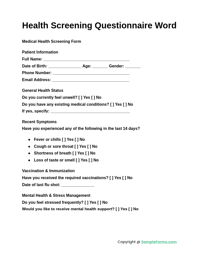 FREE 12+Health Questionnaire Form Samples, PDF, MS Word, Google Docs