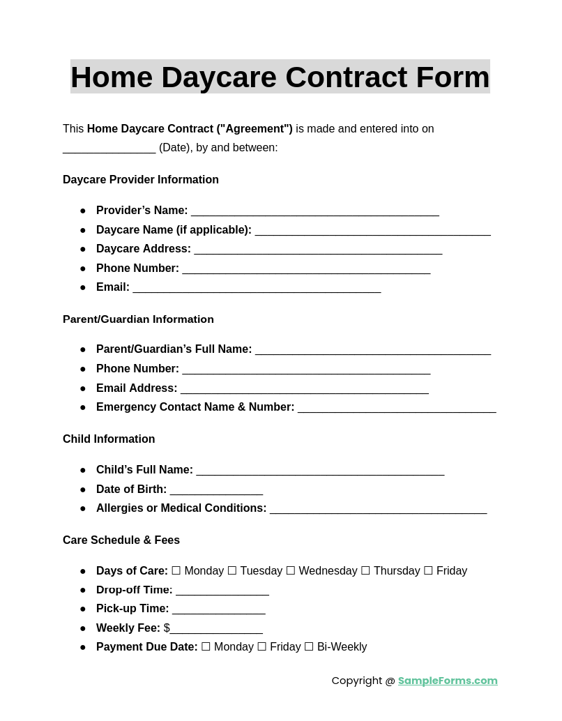 FREE 13+ Daycare Contract Form Samples, PDF, MS Word, Google Docs