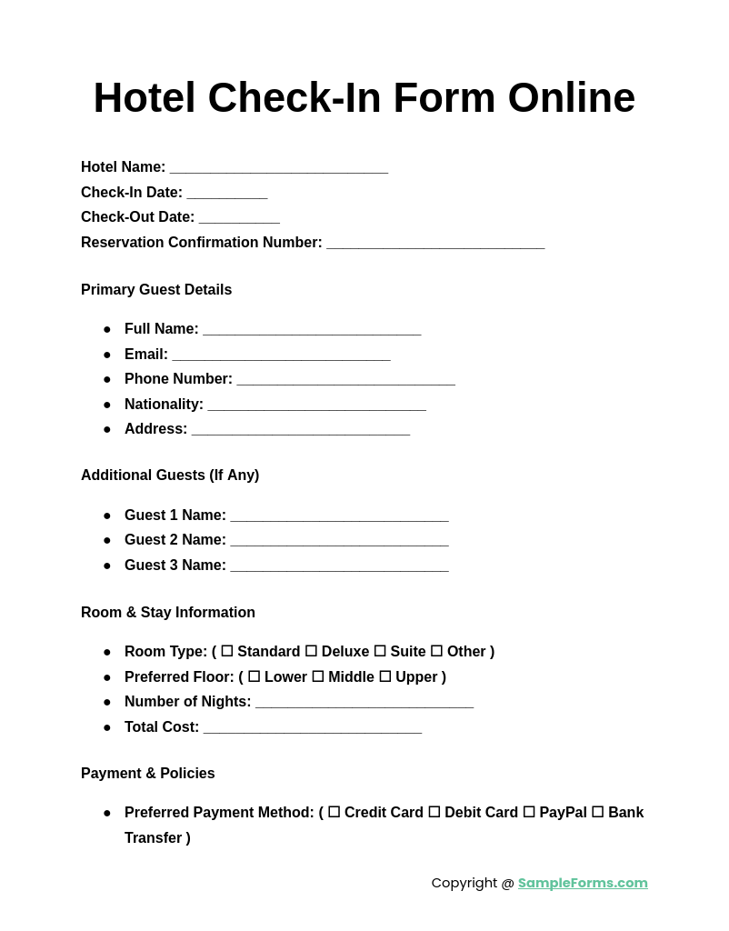 FREE 22+ Hotel Check-In Form Samples, PDF, MS Word, Google Docs