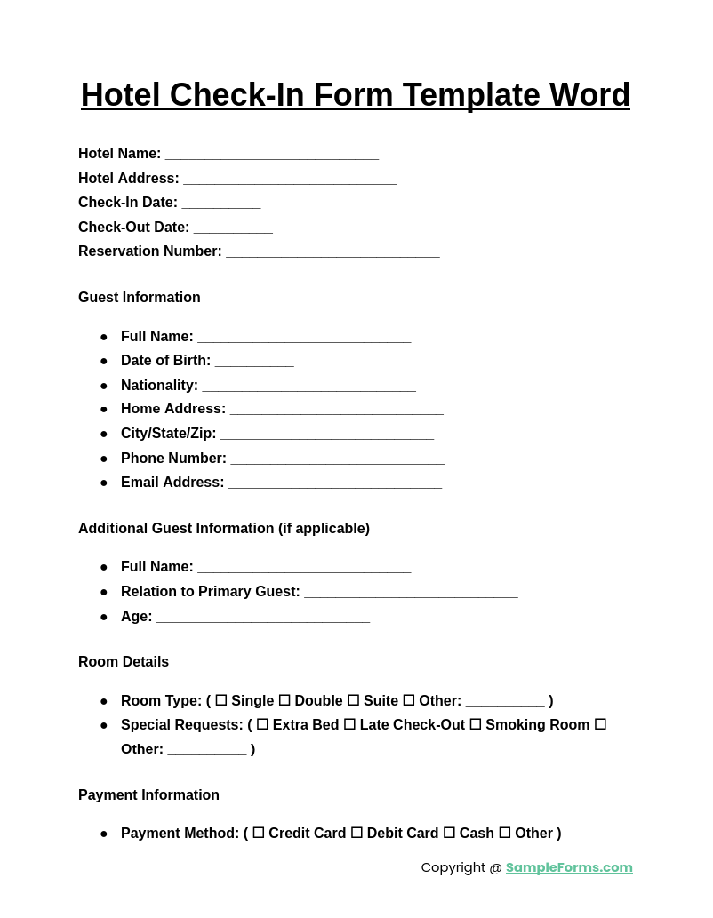 FREE 22+ Hotel Check-In Form Samples, PDF, MS Word, Google Docs