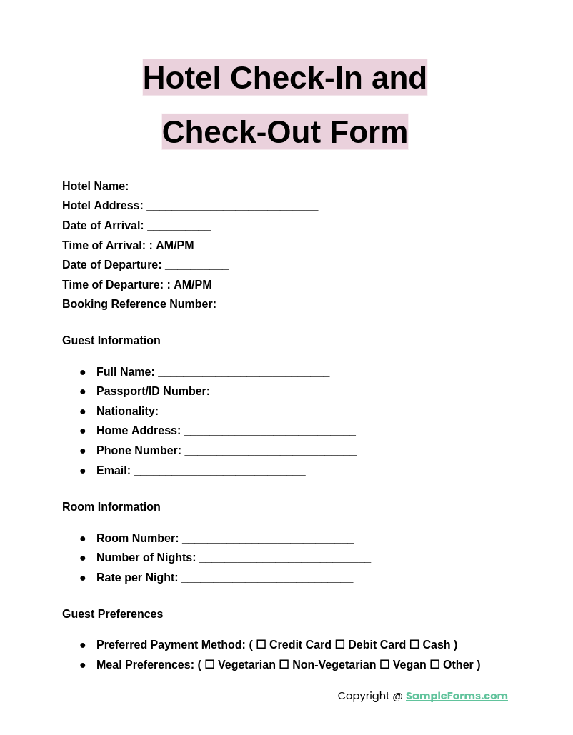FREE 22+ Hotel Check-In Form Samples, PDF, MS Word, Google Docs