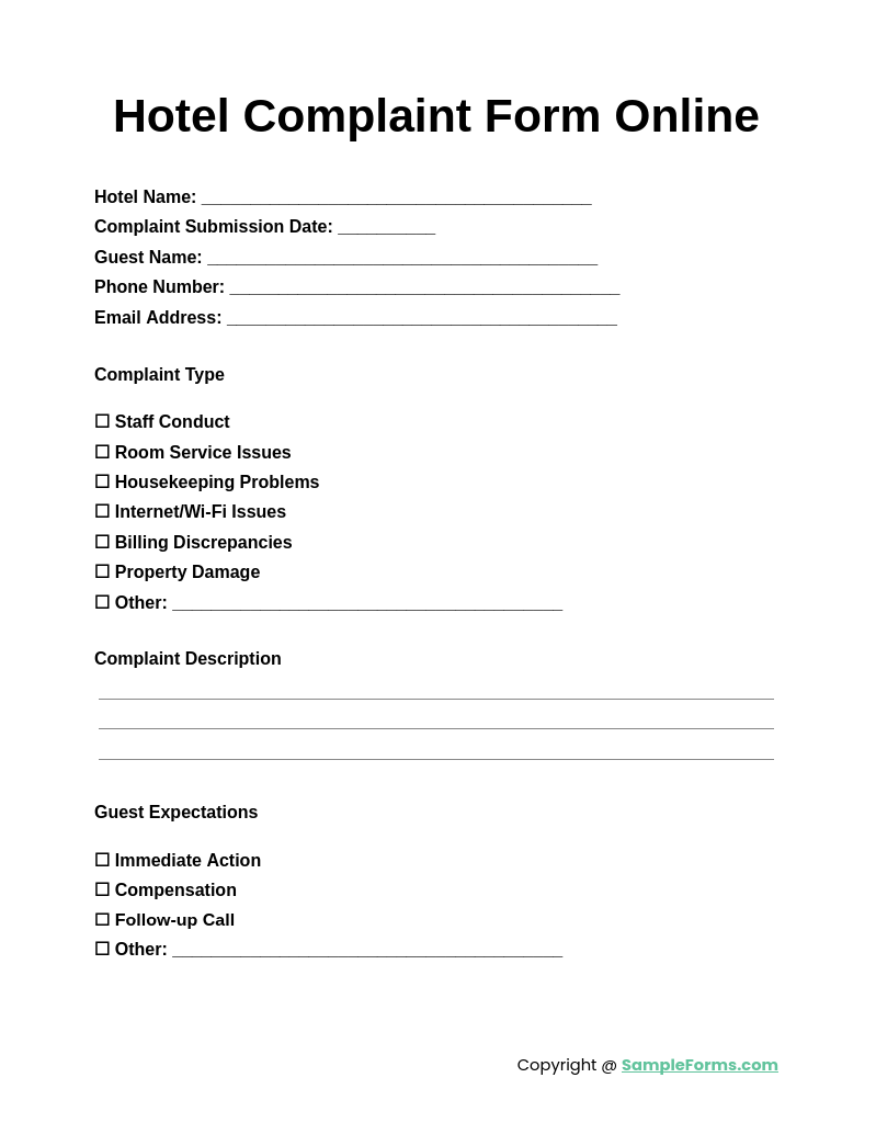 FREE 7+ Hotel Complaint Form Samples, PDF, MS Word, Google Docs