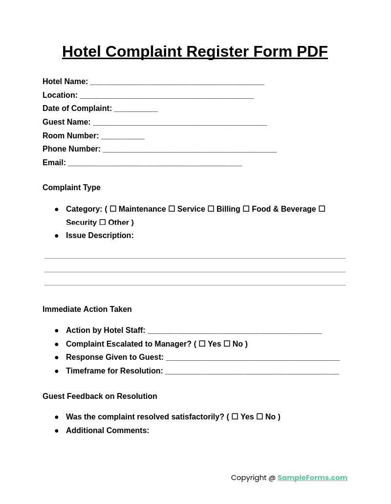 FREE 7+ Hotel Complaint Form Samples, PDF, MS Word, Google Docs