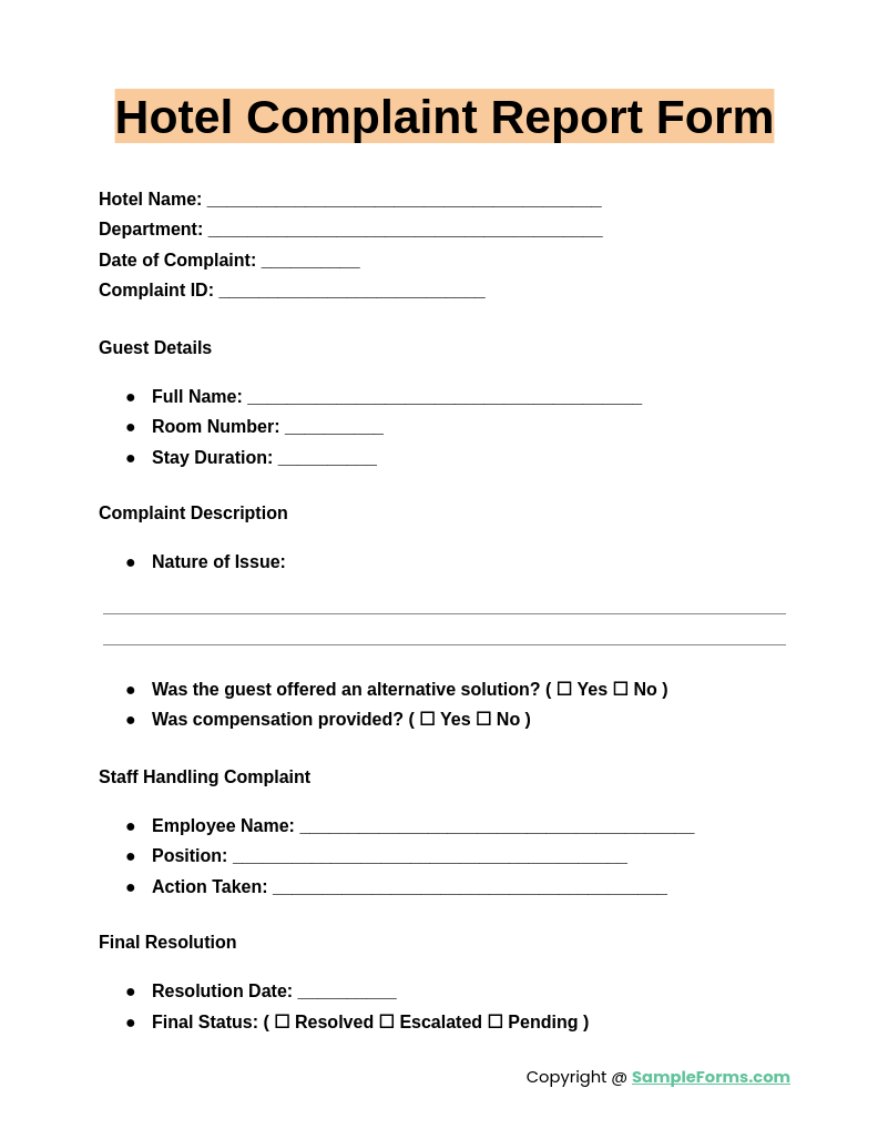 FREE 7+ Hotel Complaint Form Samples, PDF, MS Word, Google Docs