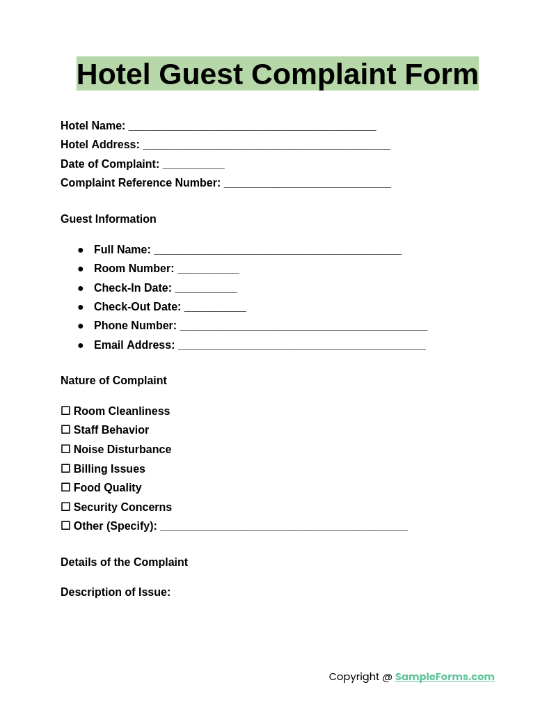 FREE 7+ Hotel Complaint Form Samples, PDF, MS Word, Google Docs