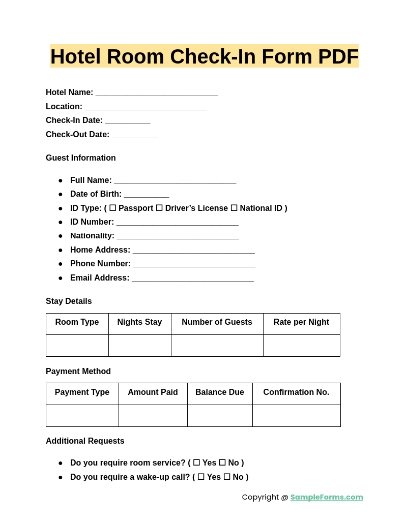 FREE 22+ Hotel Check-In Form Samples, PDF, MS Word, Google Docs