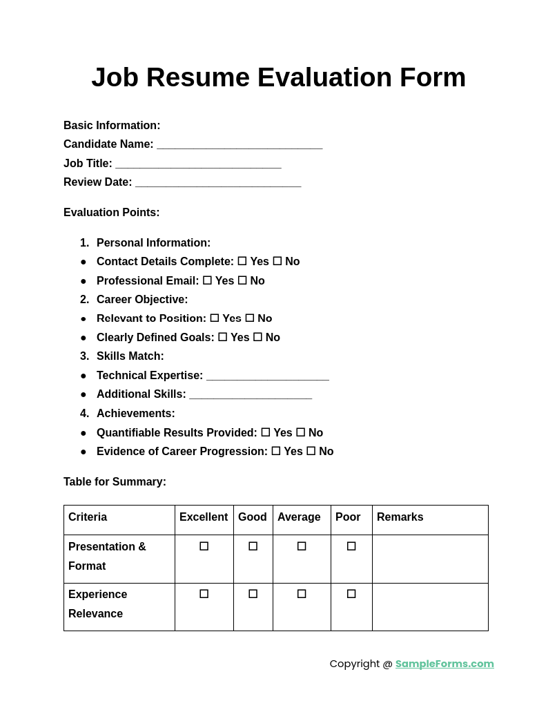 FREE 18+ Resume Evaluation Form Samples, PDF, MS Word, Google Docs