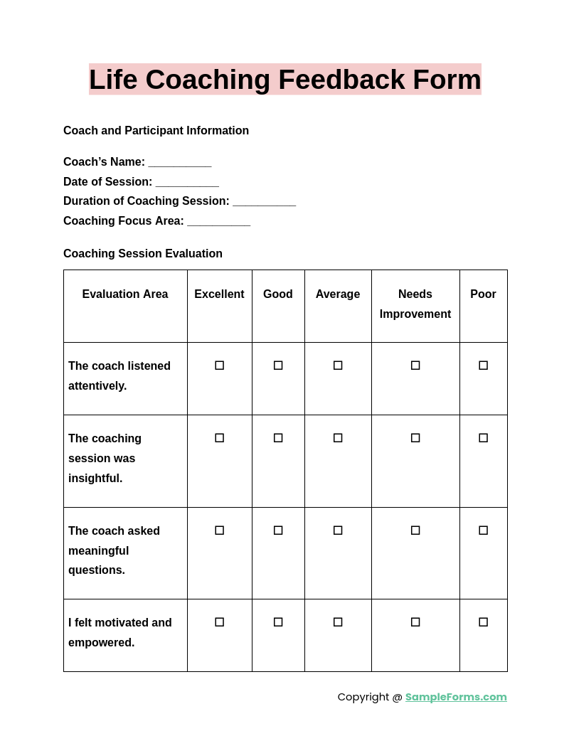 FREE 15+ Coaching Feedback Form Samples, PDF, MS Word, Google Docs, Excel