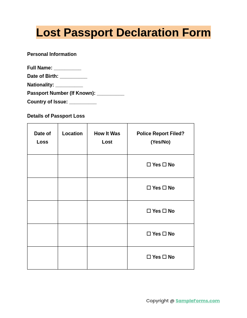 FREE 11+ Lost Passport Form Samples, PDF, MS Word, Google Docs