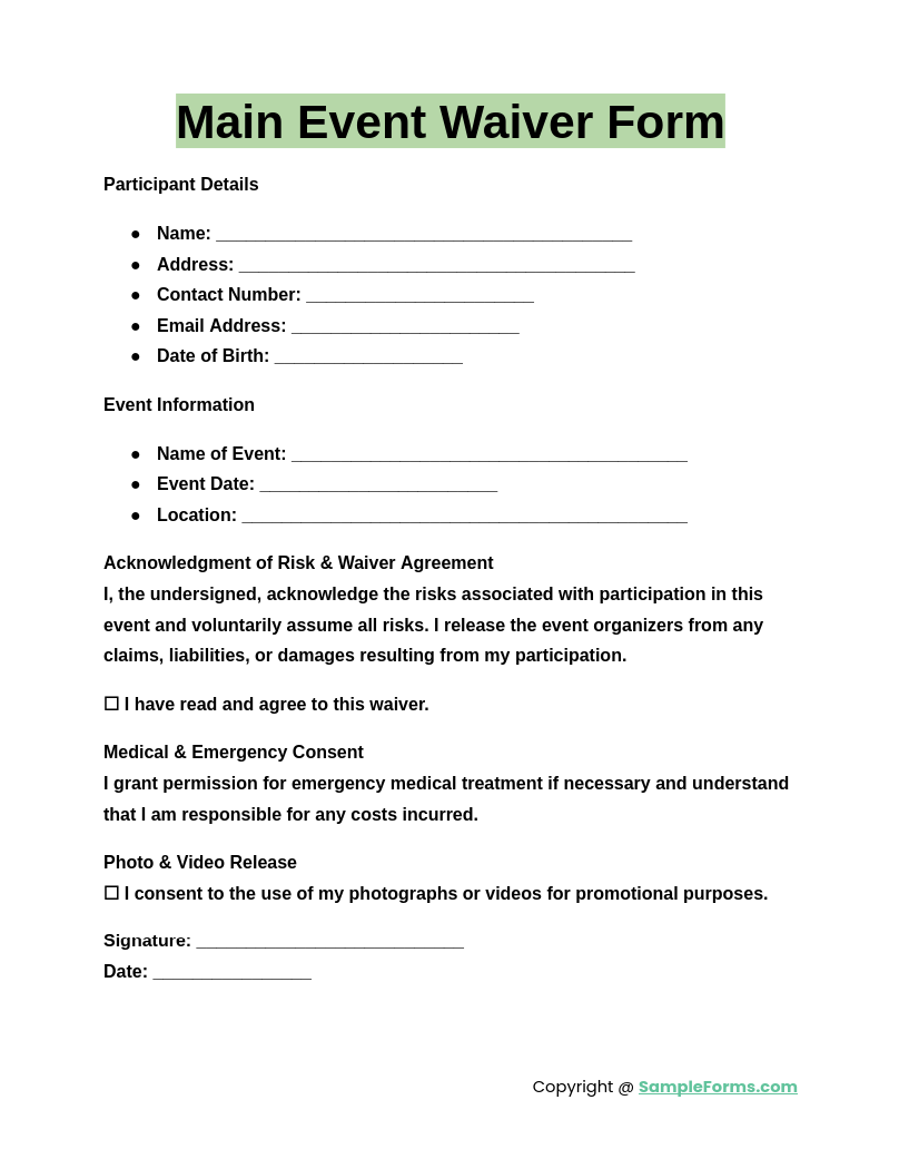 FREE 13+ Event Waiver Form Samples, PDF, MS Word, Google Docs
