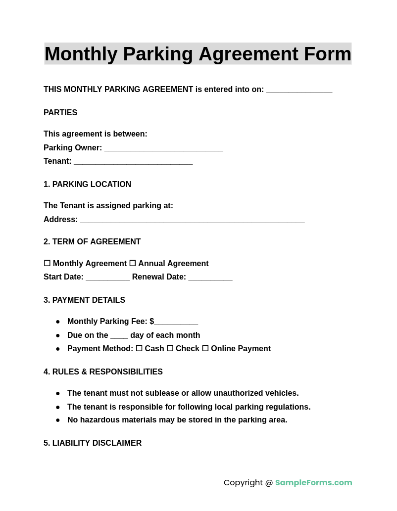 FREE 13+ Parking Agreement Form Samples, PDF, MS Word, Google Docs