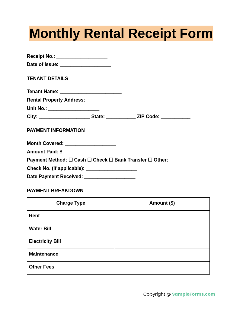 FREE 12+ Rental Receipt Form Samples, PDF, MS Word, Google Docs, Excel