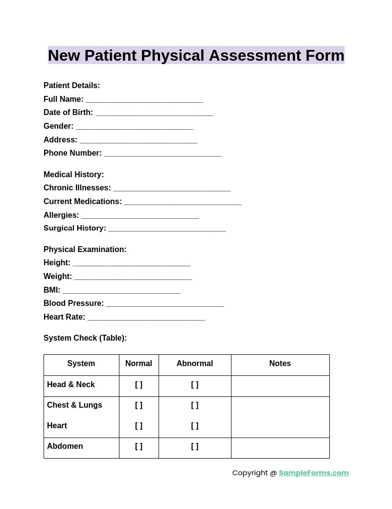 FREE 13+ Physical Assessment Form Samples, PDF, MS Word, Google Docs, Excel