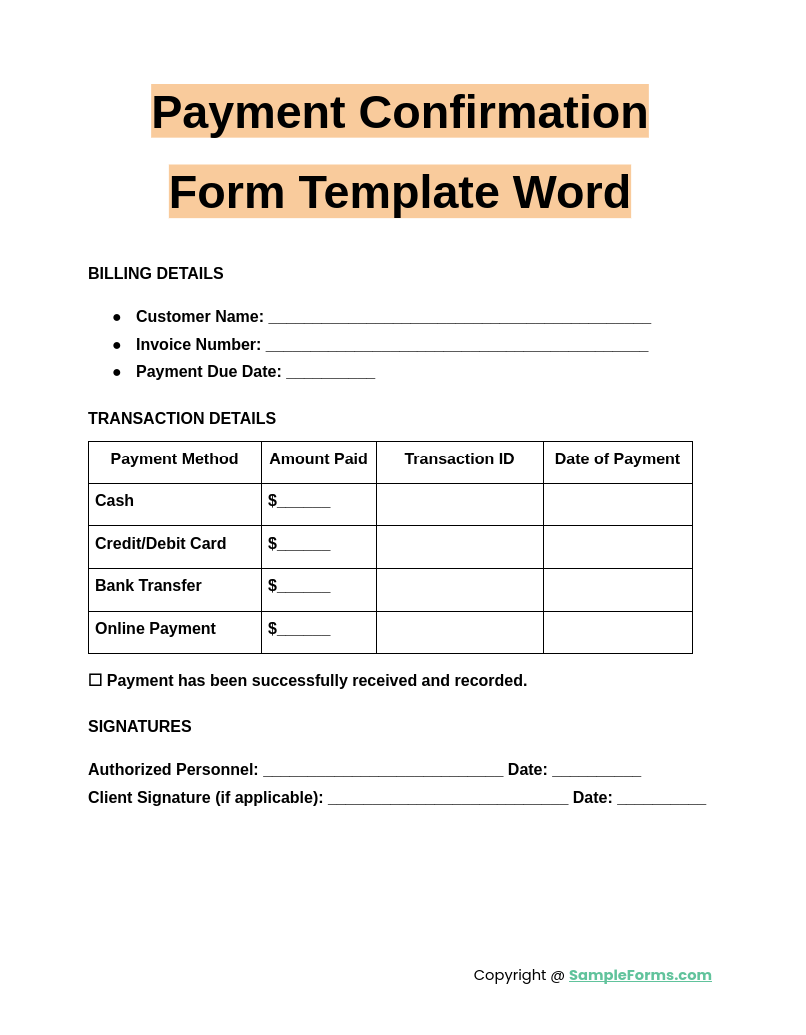 FREE 13+ Payment Confirmation Form Samples, PDF, MS Word, Google Docs