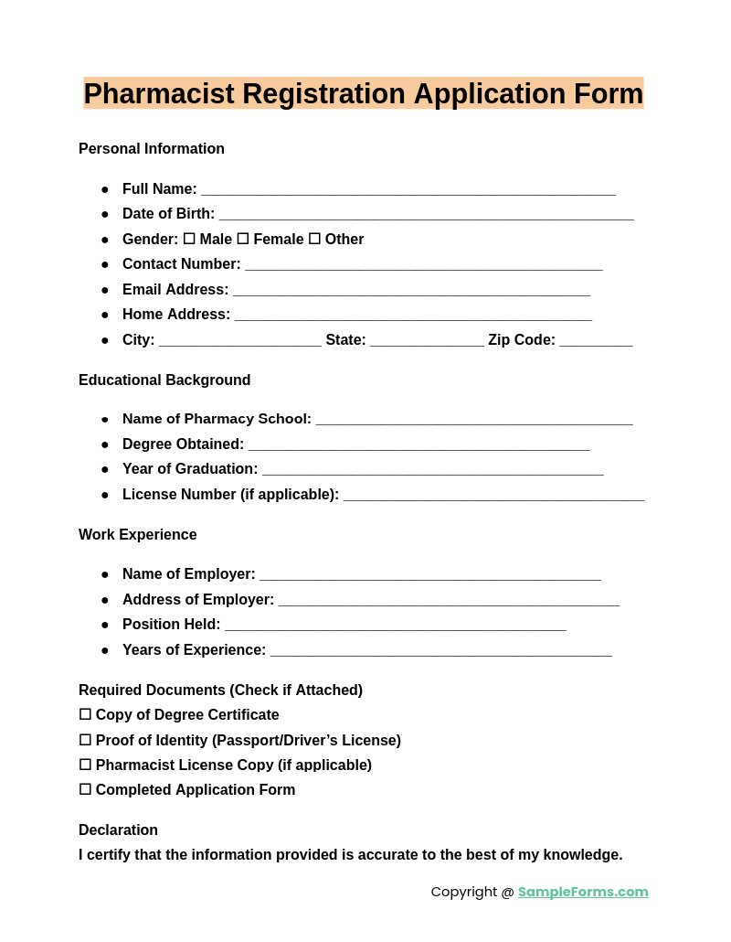 FREE 12+ Pharmacist Registration Form Samples, PDF, MS Word, Google Docs