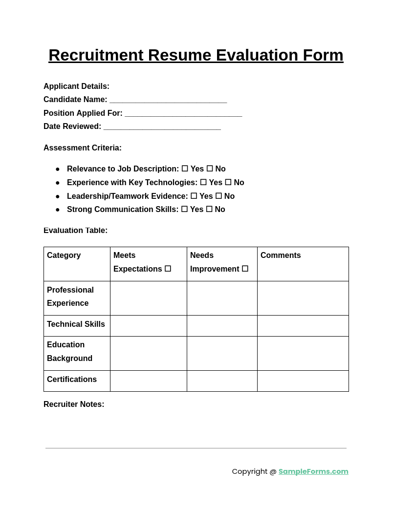 FREE 18+ Resume Evaluation Form Samples, PDF, MS Word, Google Docs