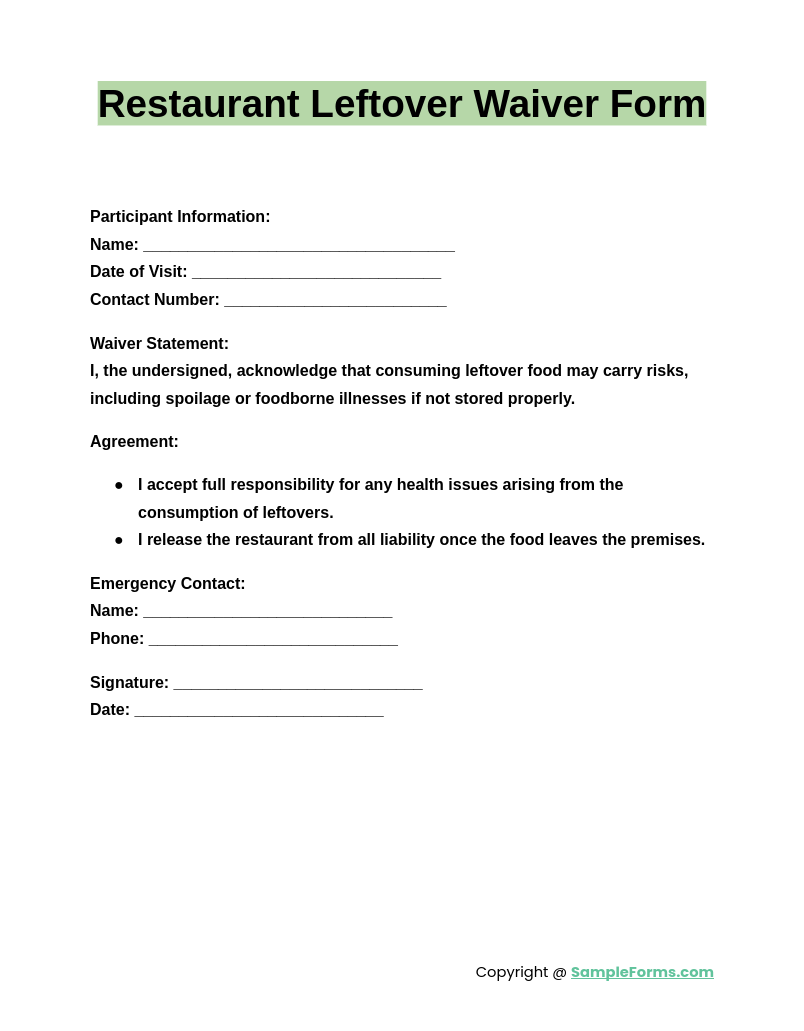 FREE 11+ Restaurant Waiver Form Samples, PDF, MS Word, Google Docs