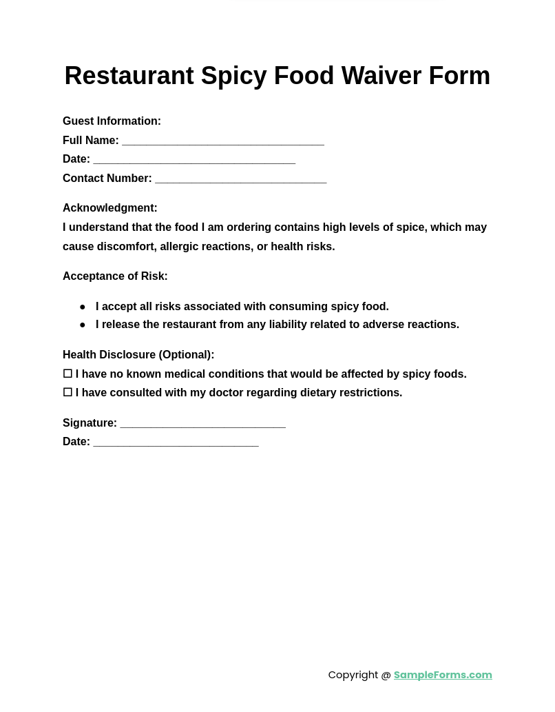 FREE 11+ Restaurant Waiver Form Samples, PDF, MS Word, Google Docs