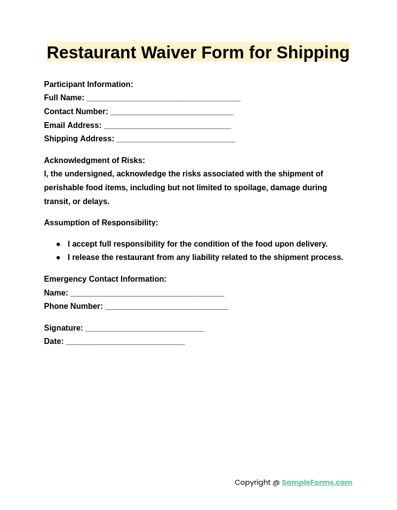 FREE 11+ Restaurant Waiver Form Samples, PDF, MS Word, Google Docs