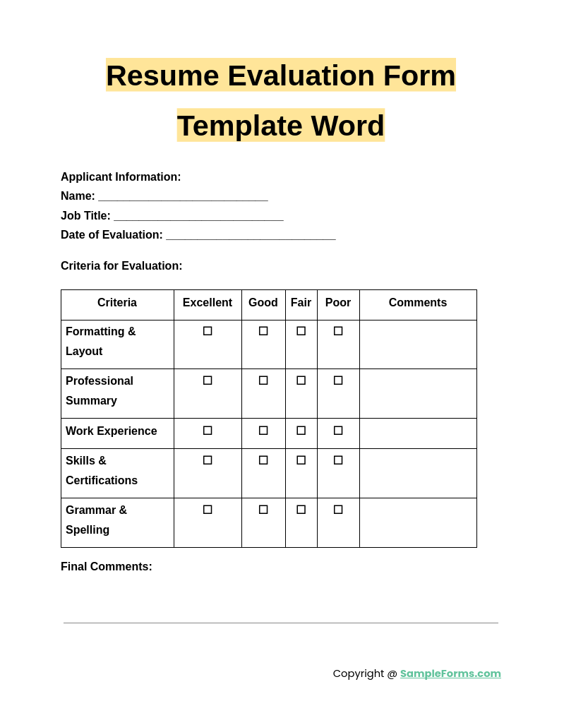 FREE 18+ Resume Evaluation Form Samples, PDF, MS Word, Google Docs