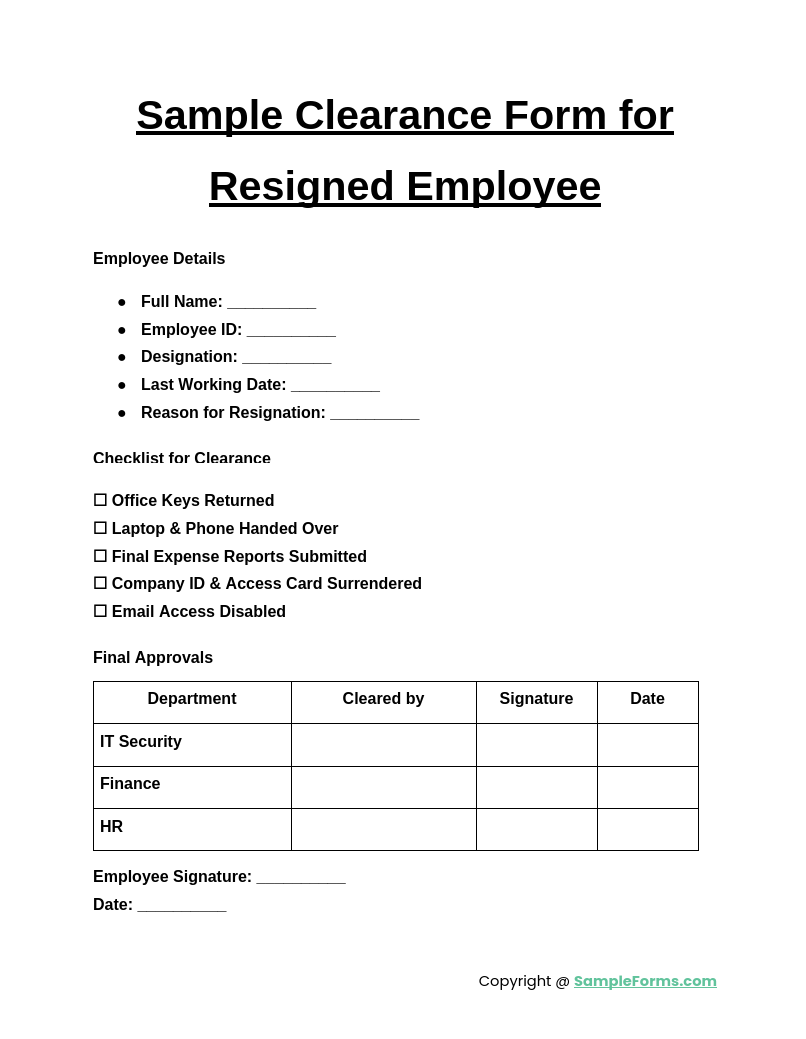 FREE 10+ Resignation Clearance Form Samples, PDF, MS Word, Google Docs
