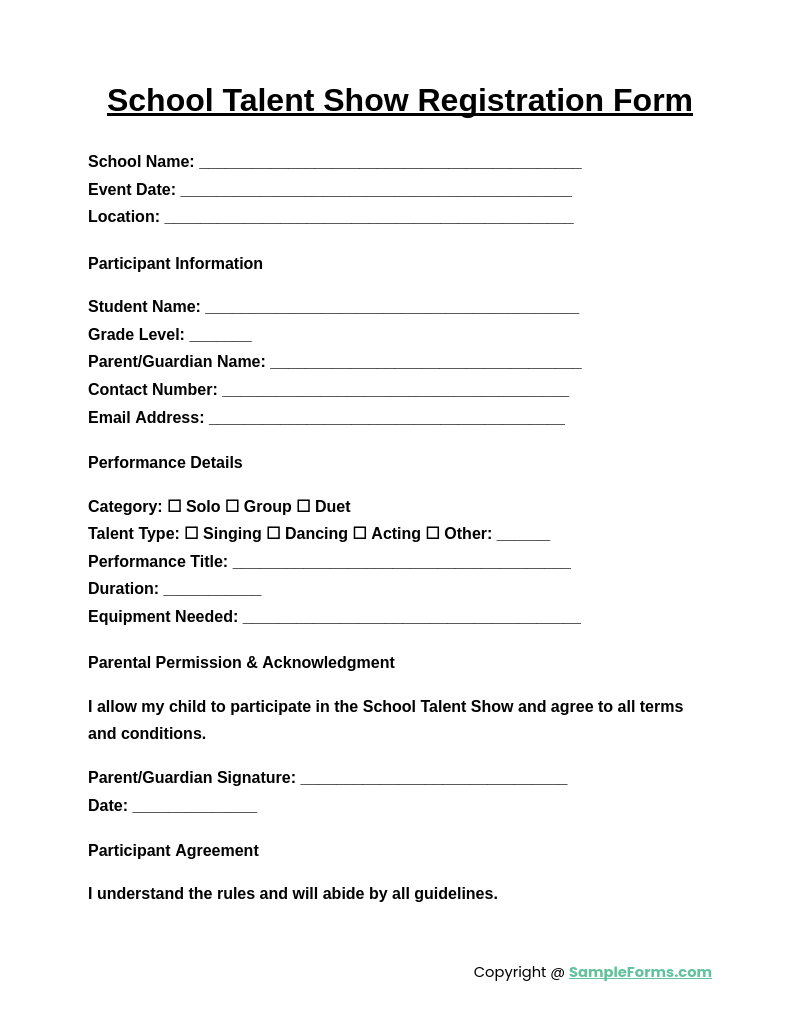 FREE 15+ Talent Show Registration Form Samples, PDF, MS Word, Google Docs