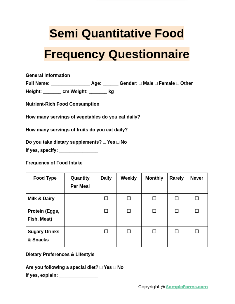 FREE 10+ Food Frequency Questionnaire Form Samples, PDF, MS Word ...