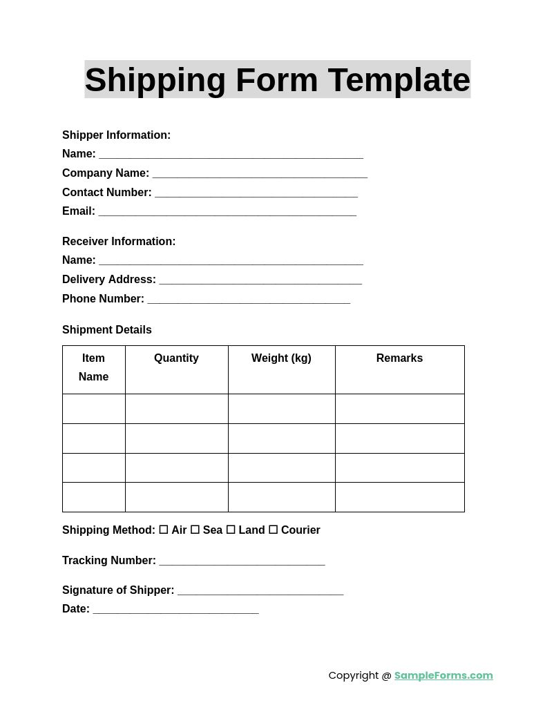 FREE 41+ Shipping Form Samples, PDF, MS Word, Google Docs, Excel