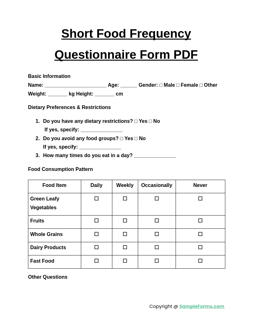 FREE 10+ Food Frequency Questionnaire Form Samples, PDF, MS Word ...