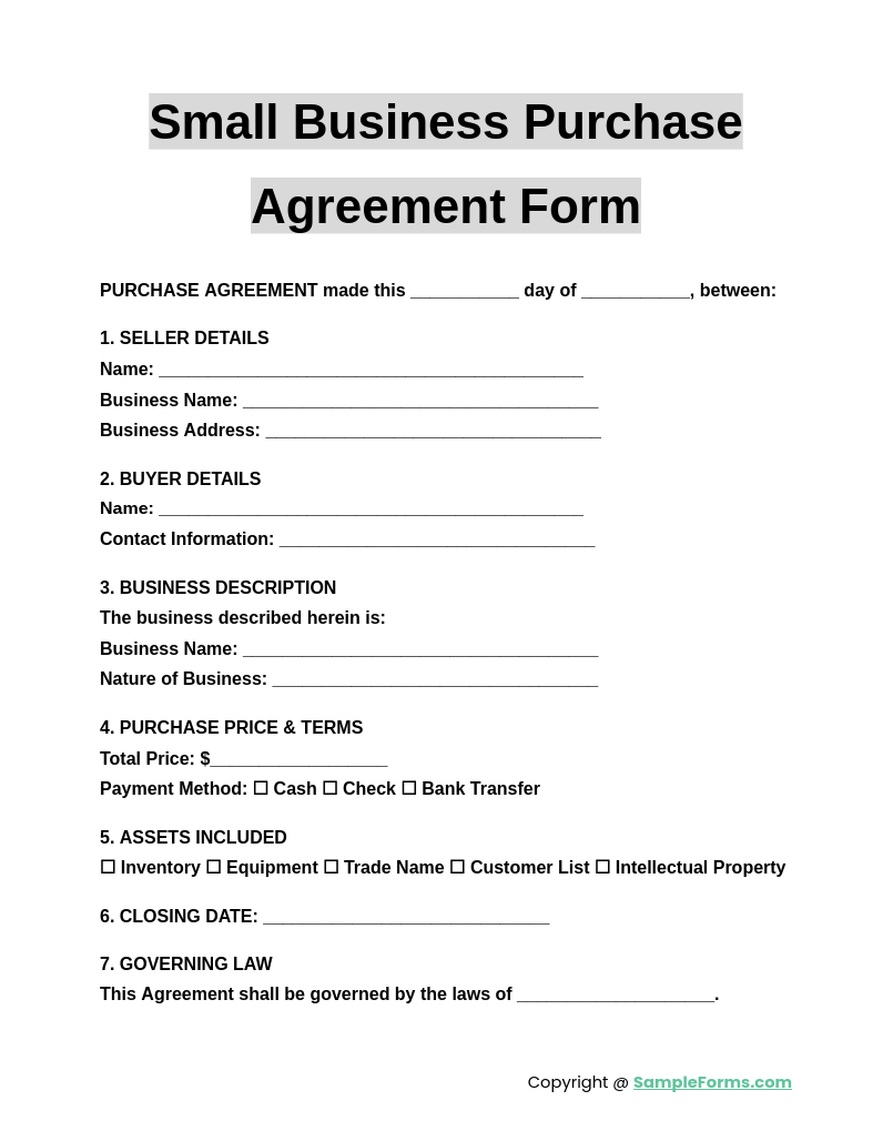 FREE 11+ Business Purchase Agreement Form Samples, PDF, MS Word, Google ...