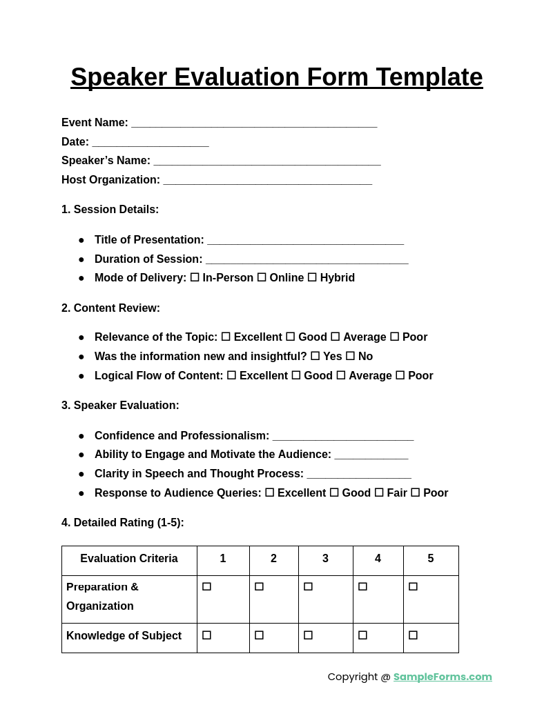 FREE 18+ Speaker Evaluation Form Samples, PDF, MS Word, Google Docs