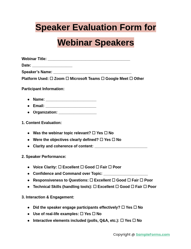 FREE 18+ Speaker Evaluation Form Samples, PDF, MS Word, Google Docs