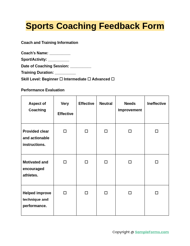 FREE 15+ Coaching Feedback Form Samples, PDF, MS Word, Google Docs, Excel